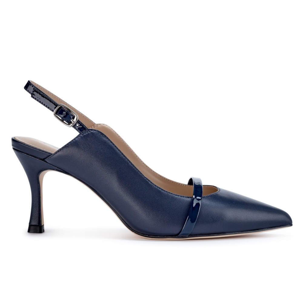 Capollini Emory Navy Leather Mid Heel Slingbacks with Patent Strap